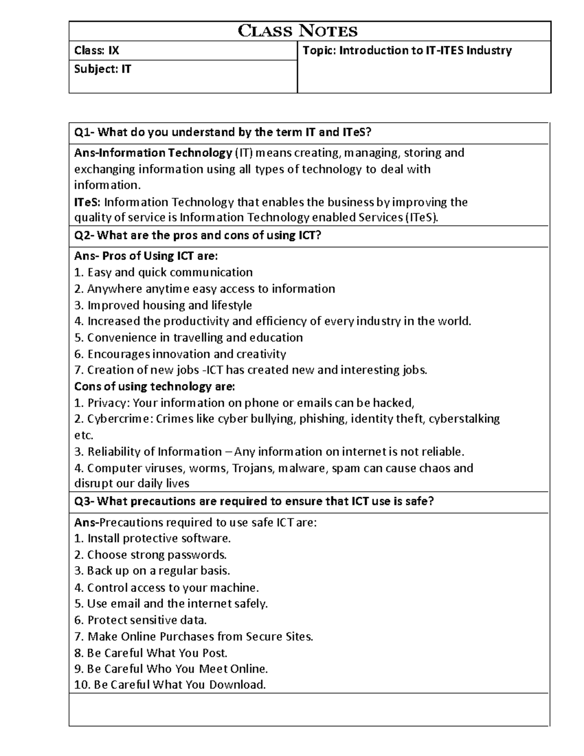 9-IT-notes-unit-1 notes Q&A - CLASS NOTES Class: IX Topic: Introduction ...
