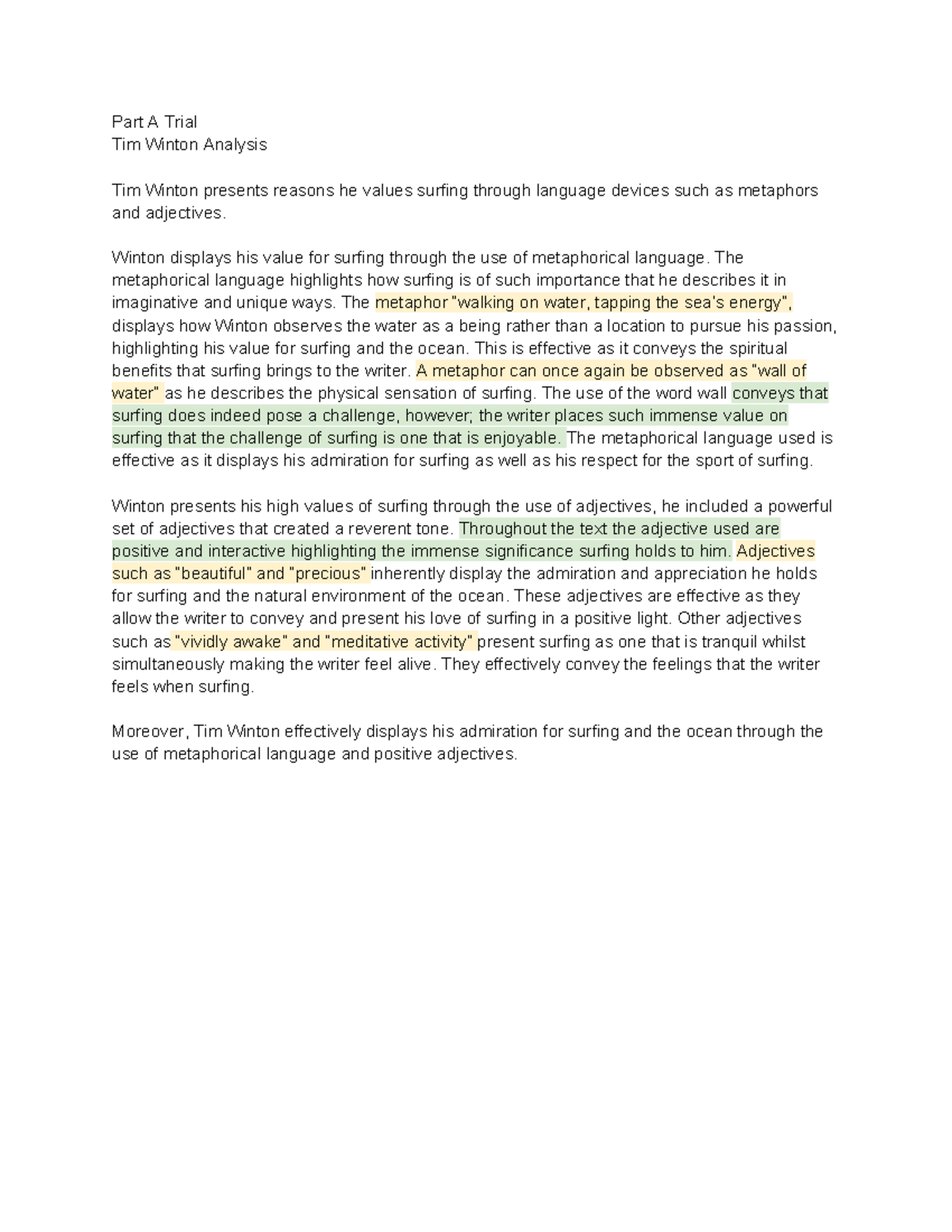 Craft of Writing - Analysis - Part A Trial Tim Winton Analysis Tim ...