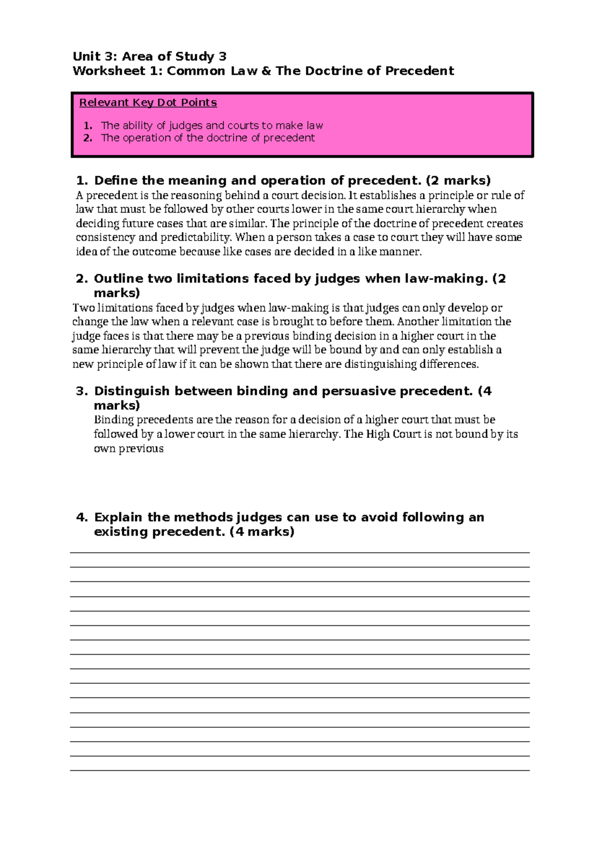U3 AOS3 Worksheet 1 - Unit 3: Area of Study 3 Worksheet 1: Common Law ...