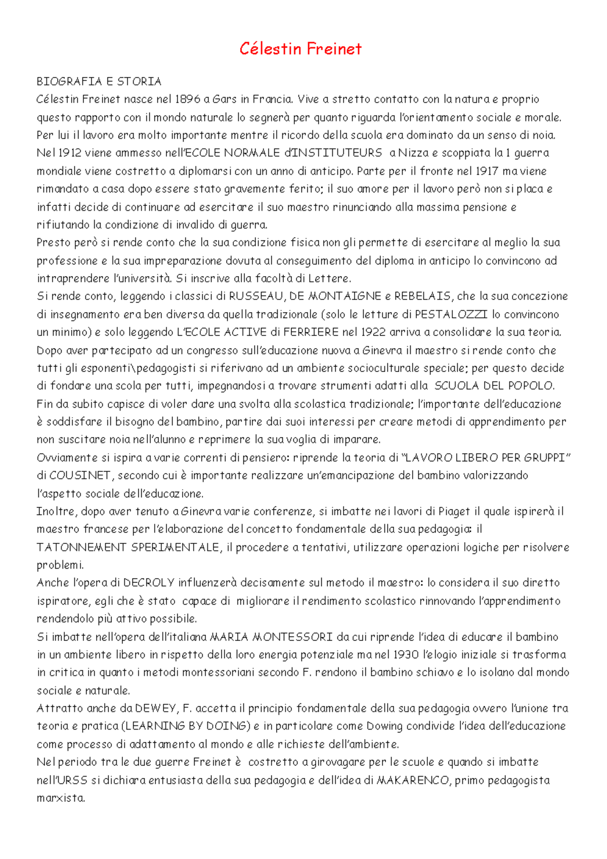 Célestin Freinet - riassunto testo volpicelli - Freinet BIOGRAFIA E ...