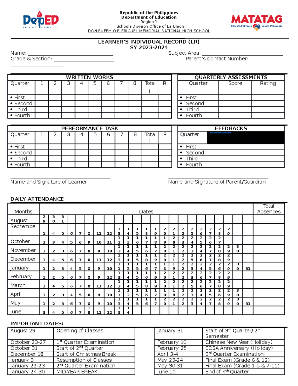 Individual Learner's Record (LR) - Republic of the Philippines Schools ...