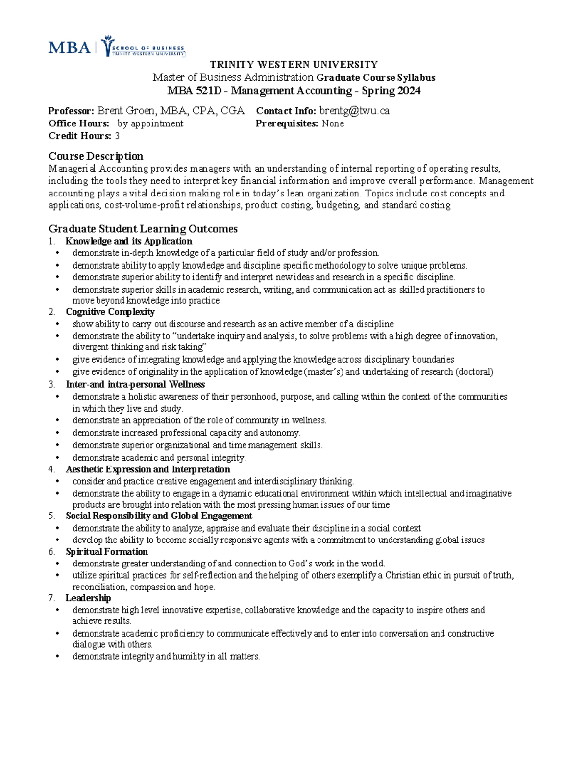 MBA 521 D Spring 2024 April - TRINITY WESTERN UNIVERSITY Master of ...