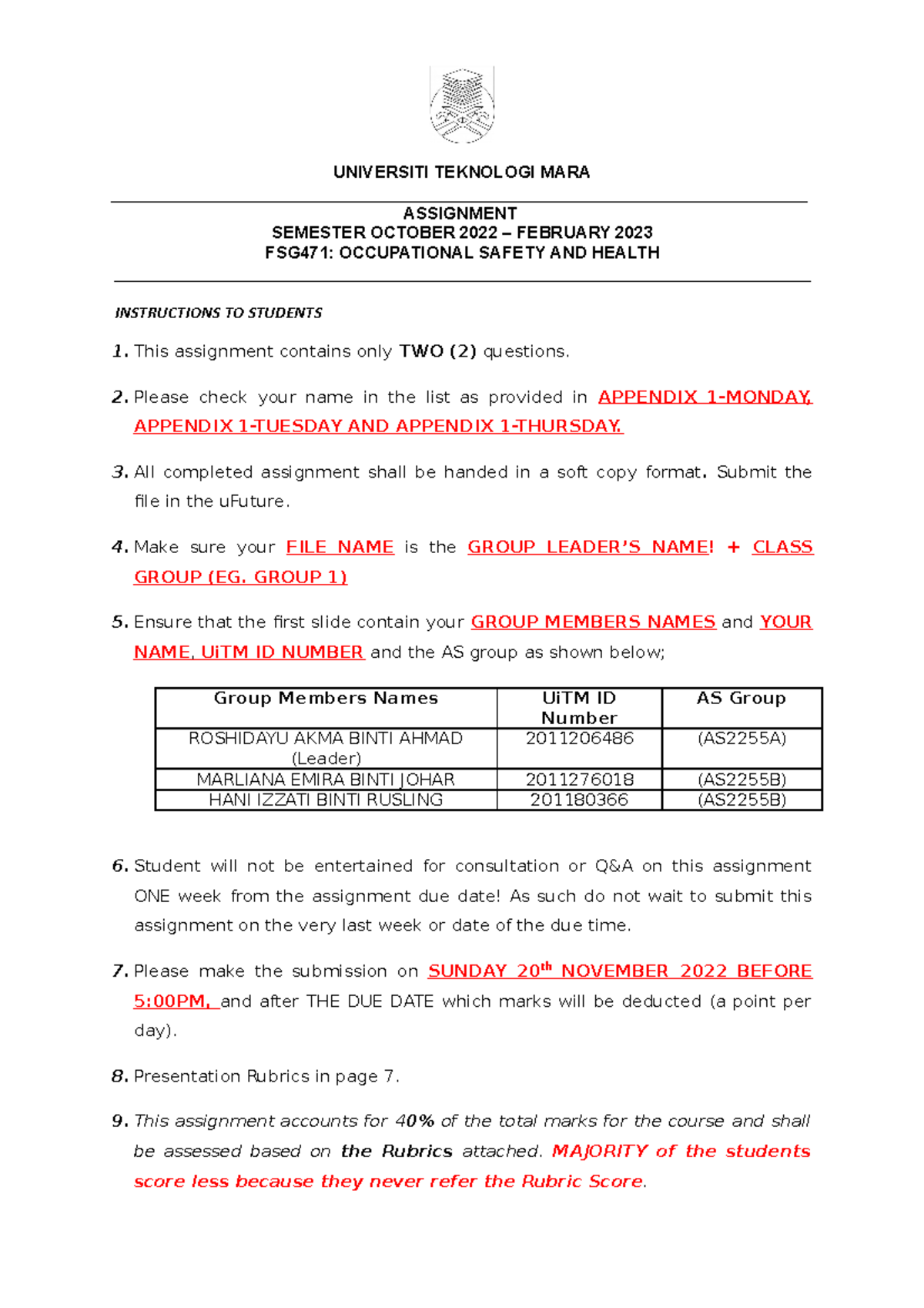 Assignment FSG471- OCT 2022 - FEB 2023 - UNIVERSITI TEKNOLOGI MARA ...