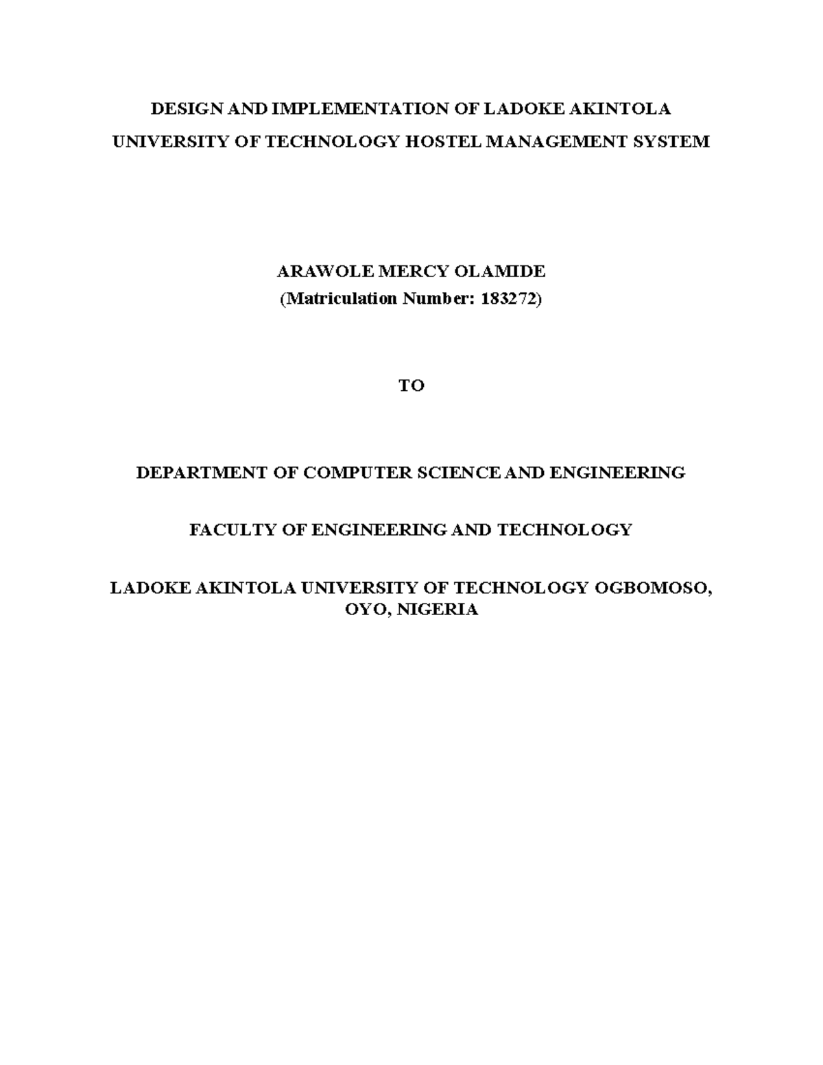 Project Proposal - DESIGN AND IMPLEMENTATION OF LADOKE AKINTOLA ...
