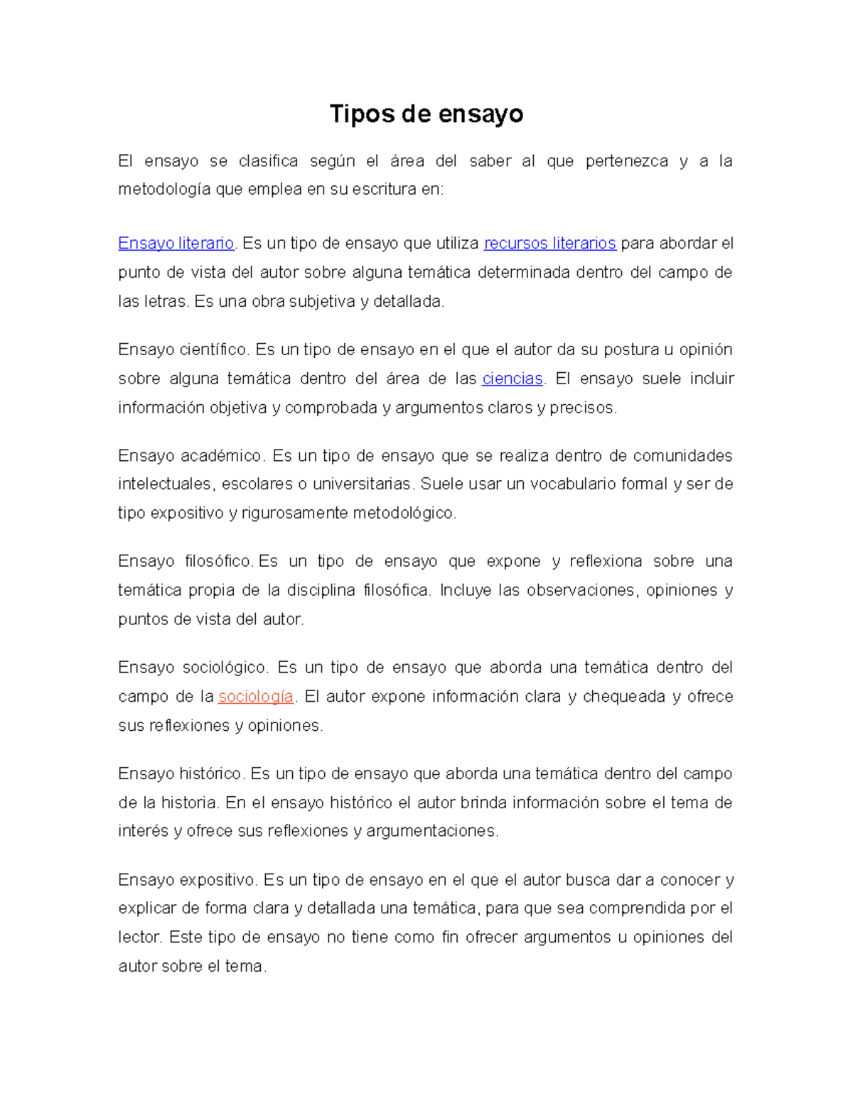 Tipos DE Ensayo - Tipos de ensayo El ensayo se clasifica según el área ...