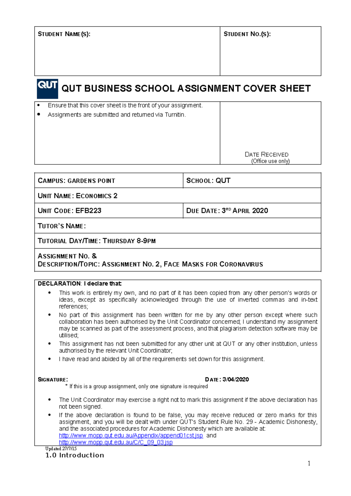 EFB223 Essay - STUDENT NAME(S): STUDENT NO.(S): QUT BUSINESS SCHOOL ...