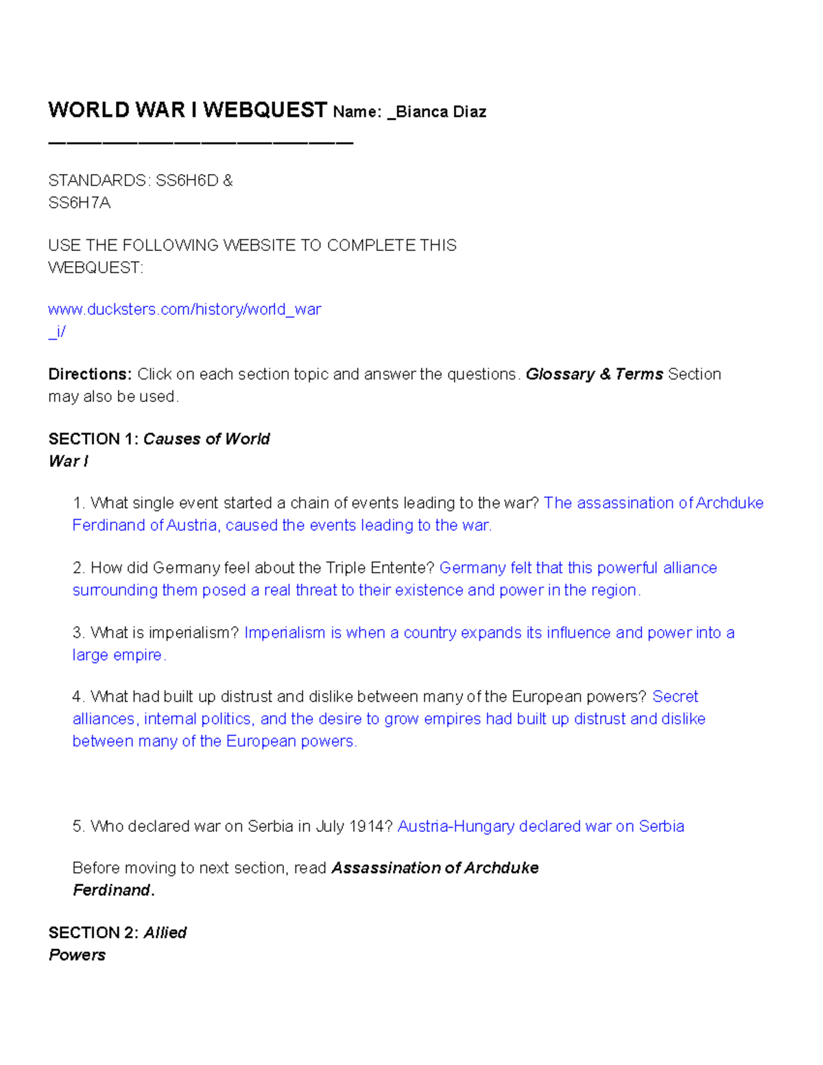 World War I Webquest - These are my notes. My notes are based off of my ...