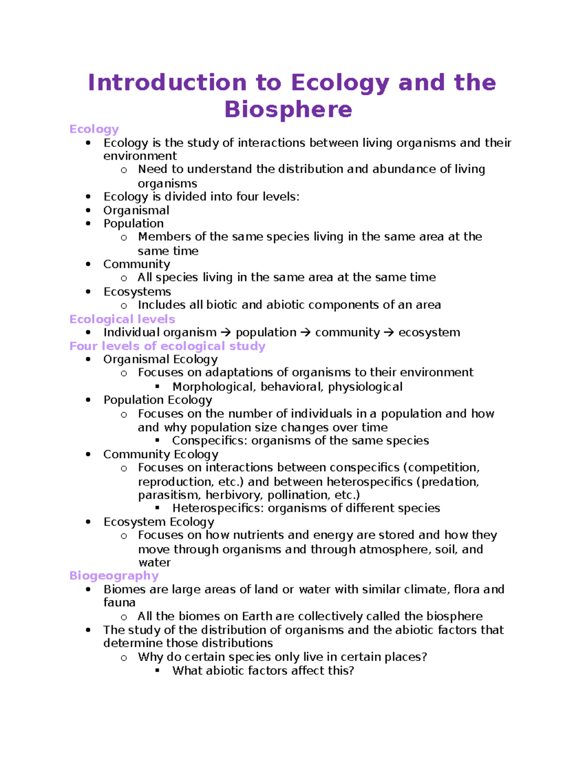 Introduction to Ecology and the Biosphere - Introduction to Ecology and ...