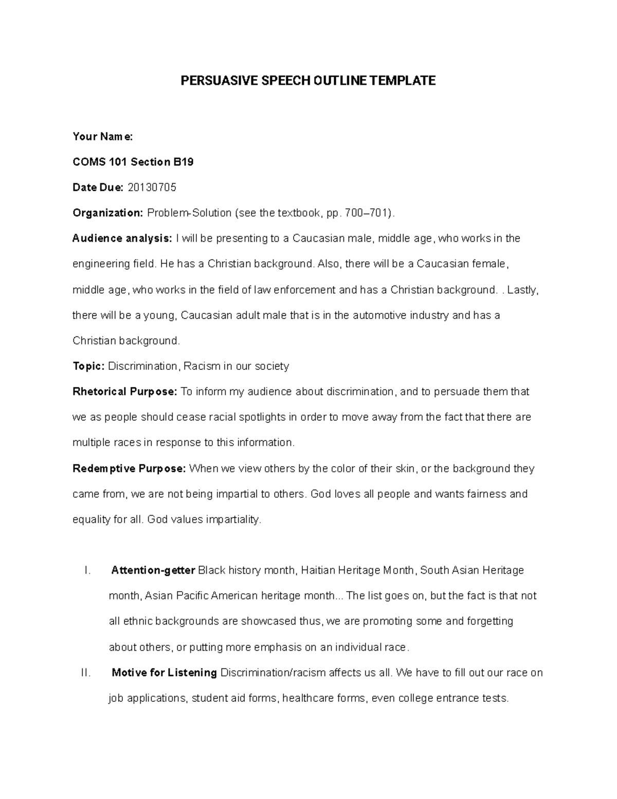T453- Persuasive Speech Outline Template-COMS-101 - PERSUASIVE SPEECH ...