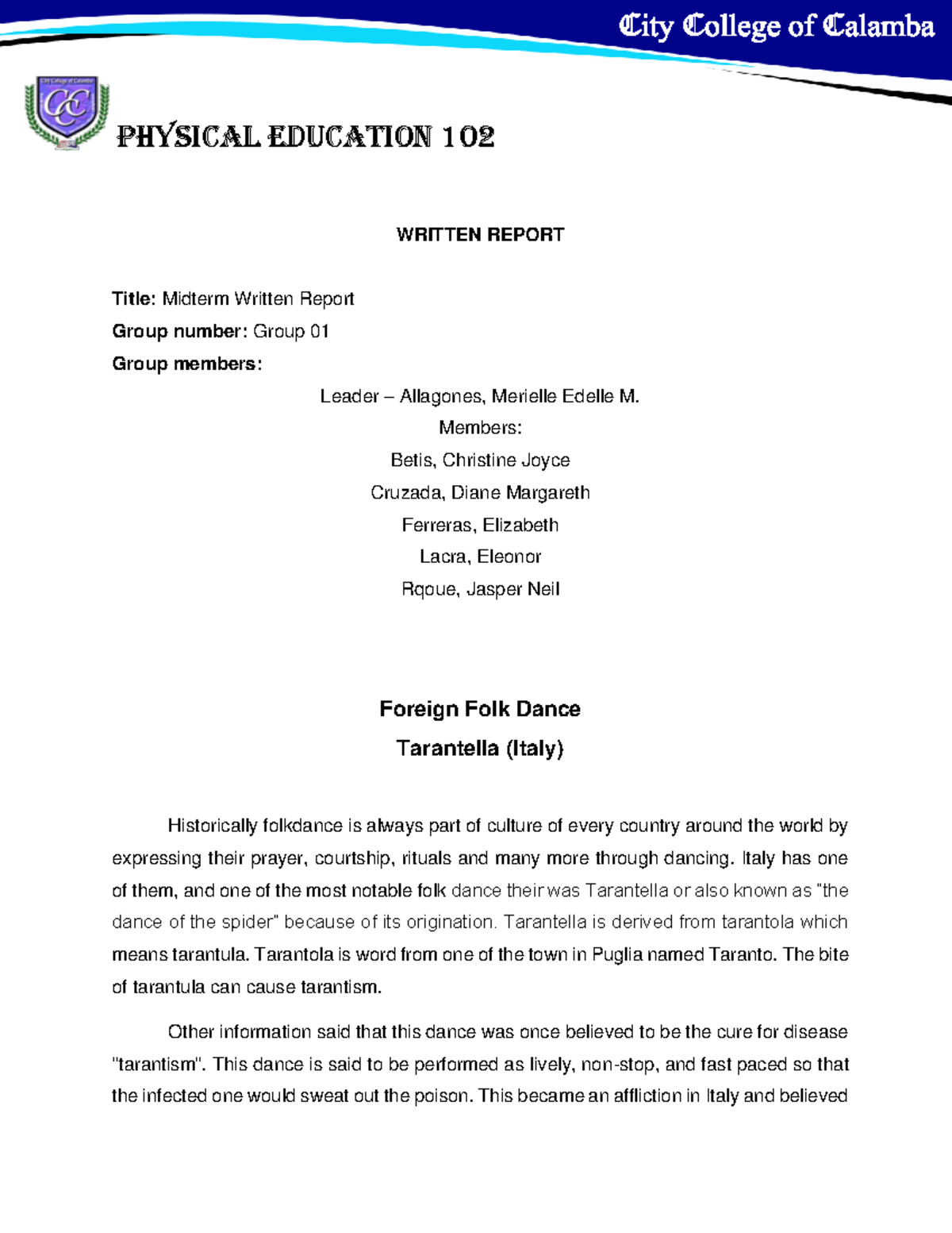 PE 102 BSA1 A3 Group 01 Midterm Written Report - Physical education 102 WRITTEN REPORT Title ...