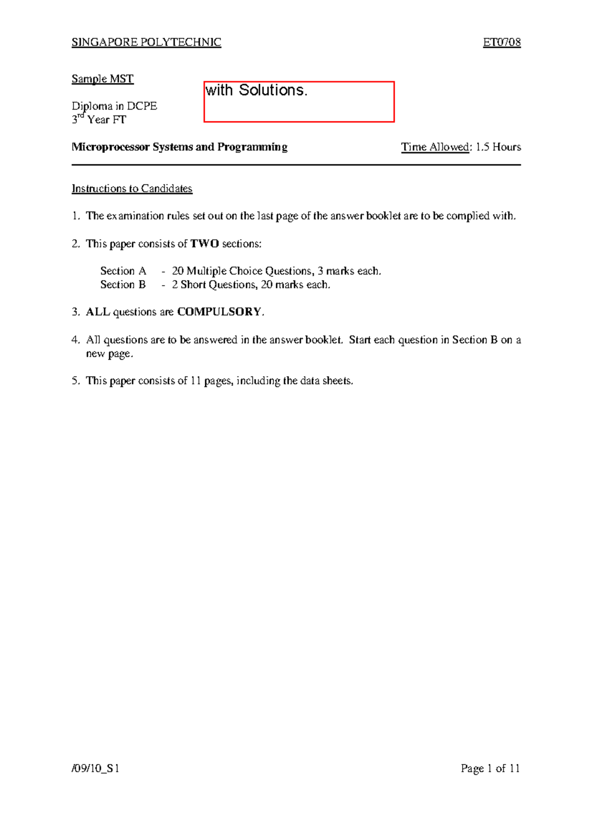 MSP MST sample with solutions - Sample MST Diploma in DCPE 3 rd Year FT Microprocessor Systems ...