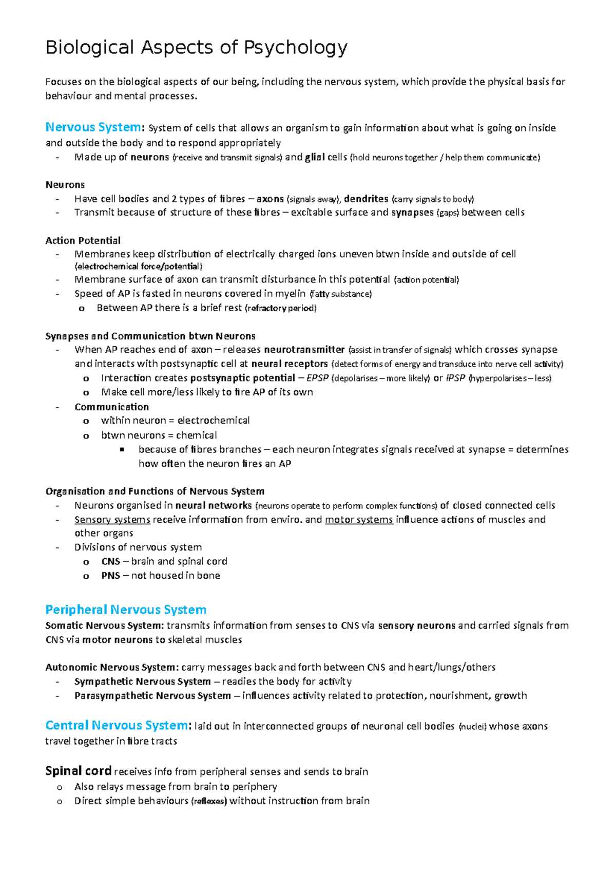 Biological Aspects of Psychology Notes Week 4 - Biological Aspects of ...