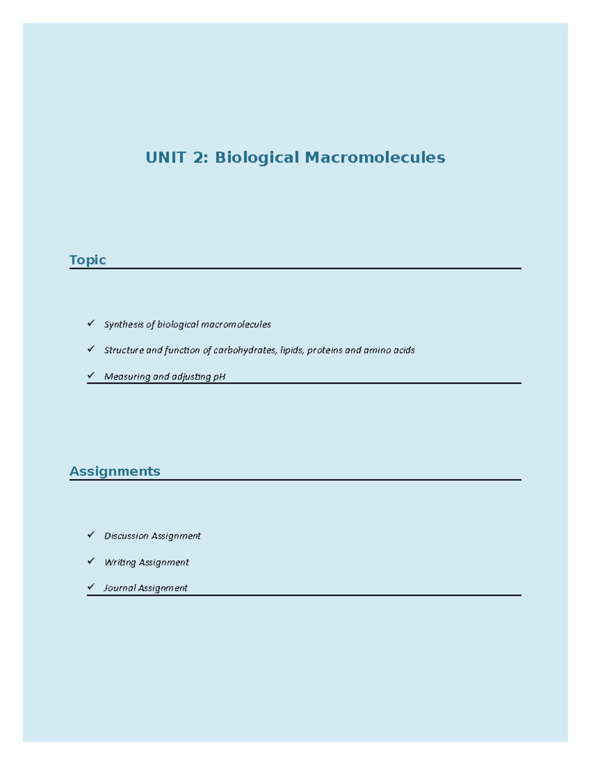 BIOL 1121 Unit 2 Assignments - UNIT 2: Biological Macromolecules Topic ...