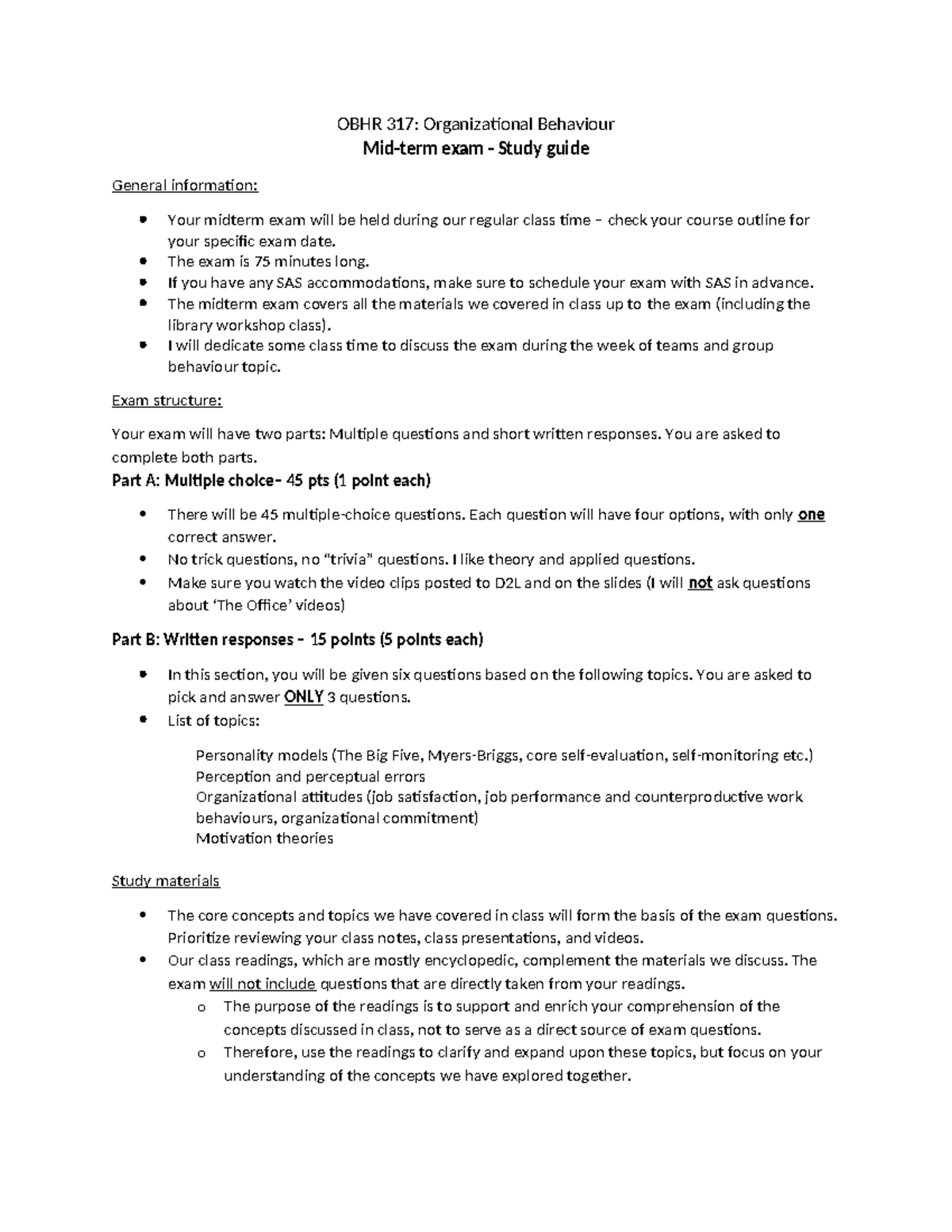 Study guide Midterm Fall 2024 - OBHR 317: Organizational Behaviour Mid-term exam - Study guide ...
