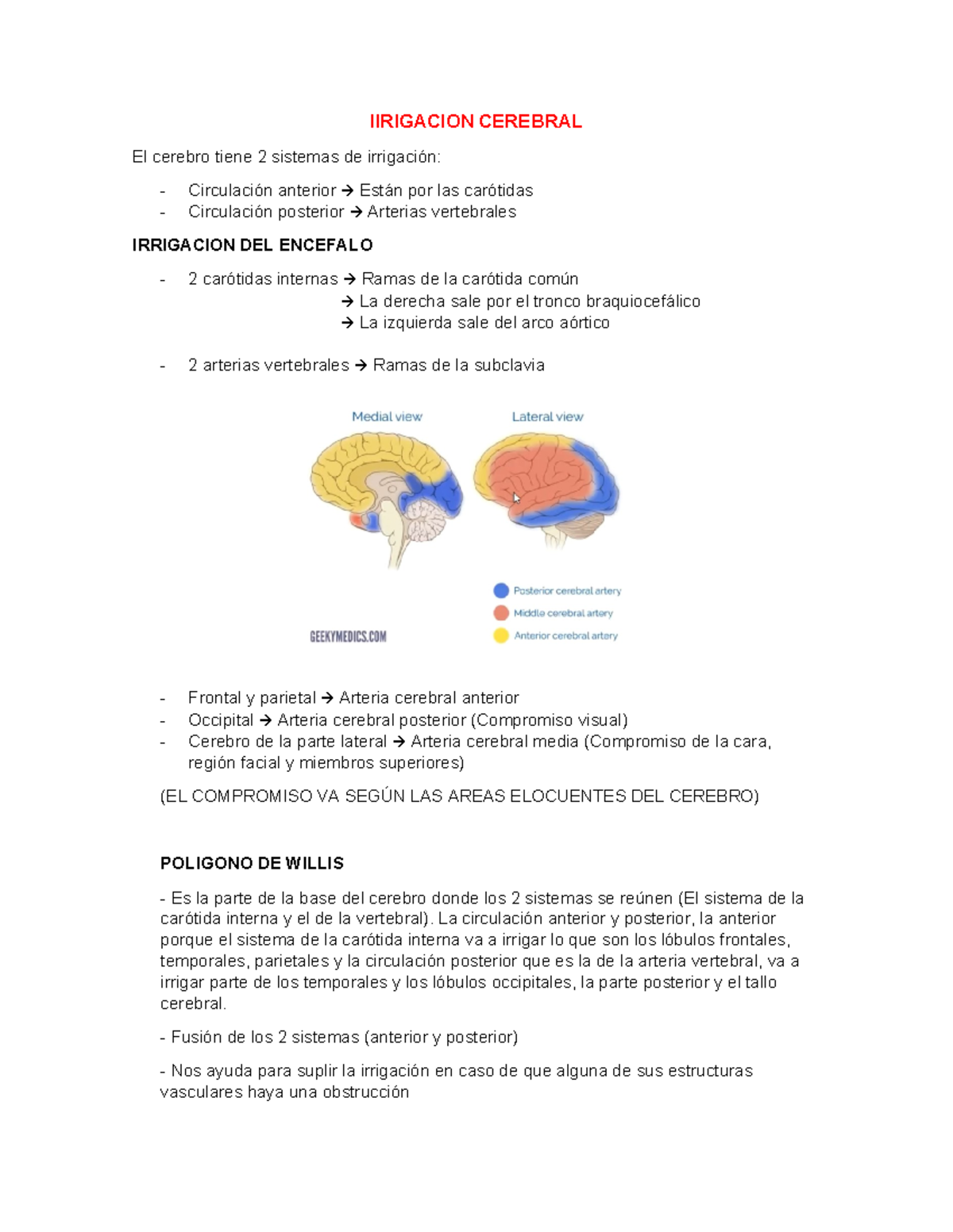 9. Irrigacion Cerebral - IIRIGACION CEREBRAL El cerebro tiene 2 ...