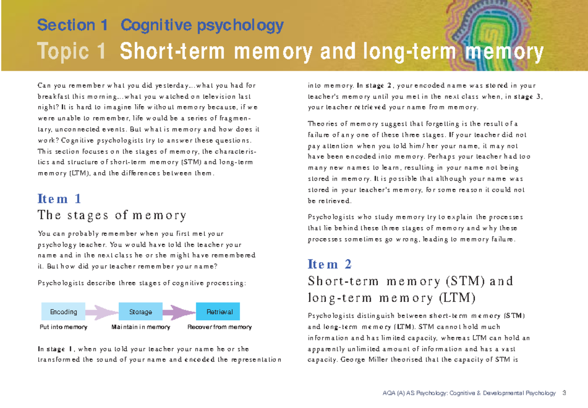 Short and Long Term Memory - AQA (A) AS Psychology: Cognitive ...