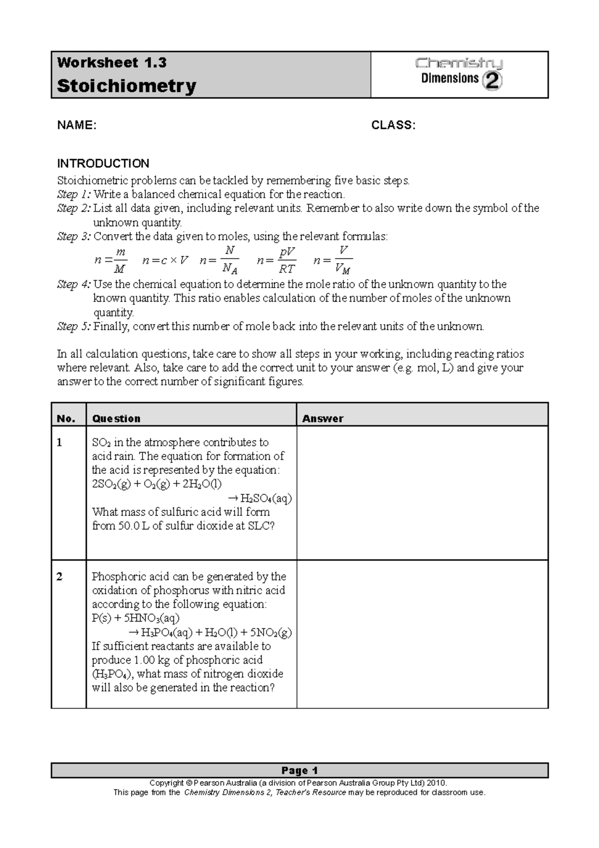 CD2 WS 13 - worksheets - Worksheet 1. Stoichiometry NAME:CLASS ...