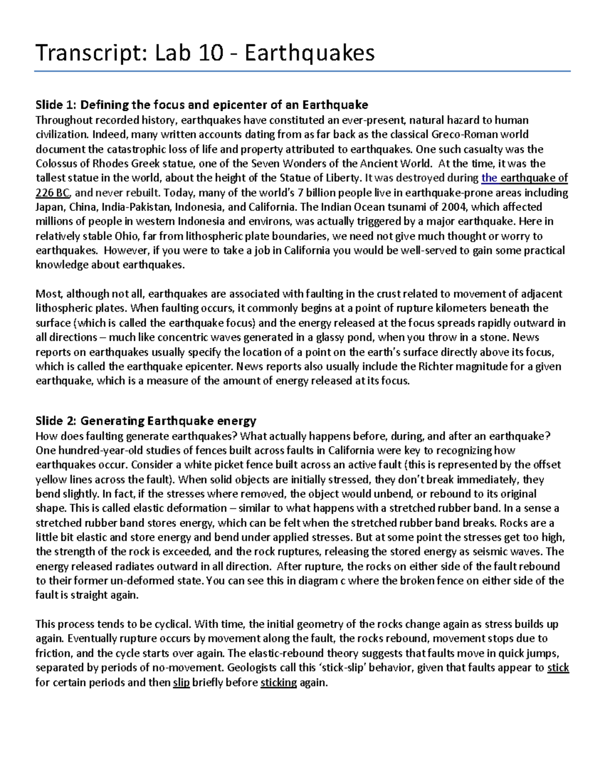 Lab 10 Transcript - Transcript: Lab 10 - Earthquakes Slide 1: Defining ...