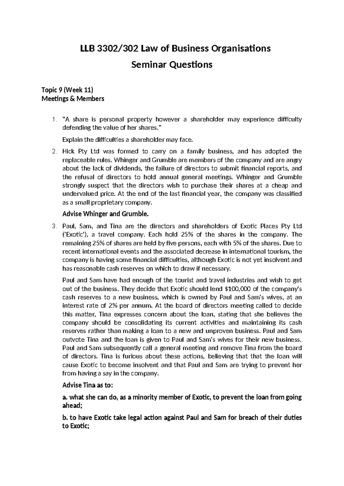 Seminar Questions Topic 9 Week 11 - LLB 3302/302 Law of Business ...