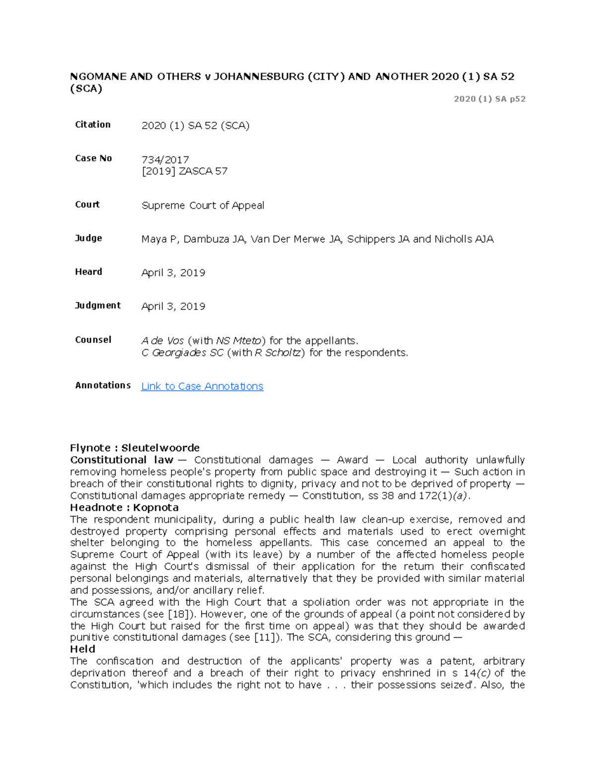 Ngomane - notes - NGOMANE AND OTHERS v JOHANNESBURG (CITY) AND ANOTHER ...