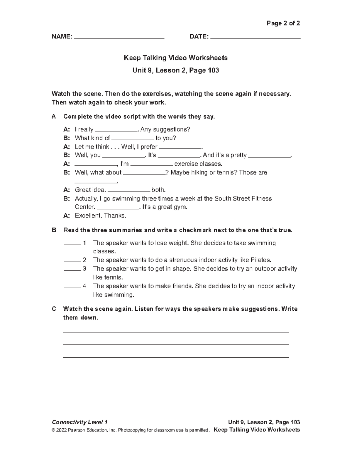 Session practice: Video - Connectivity Level 1 Unit 9, Lesson 2, Page ...