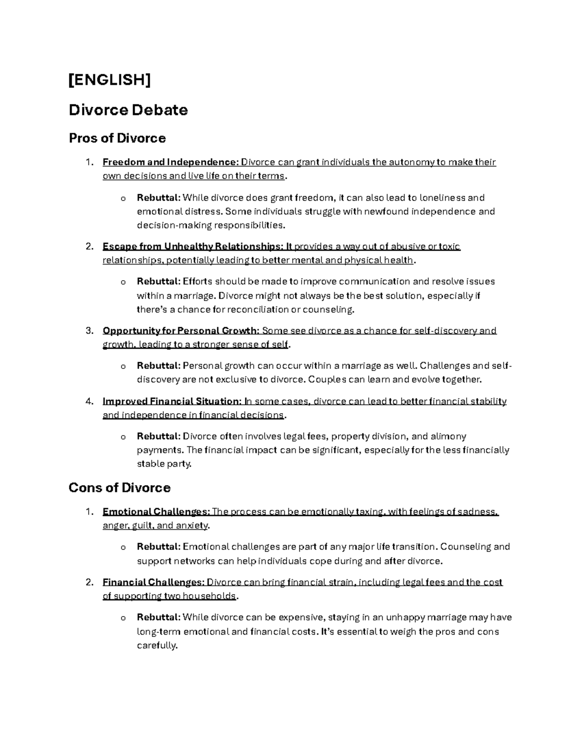 Debate - [ENGLISH] Divorce Debate Pros of Divorce Freedom and ...