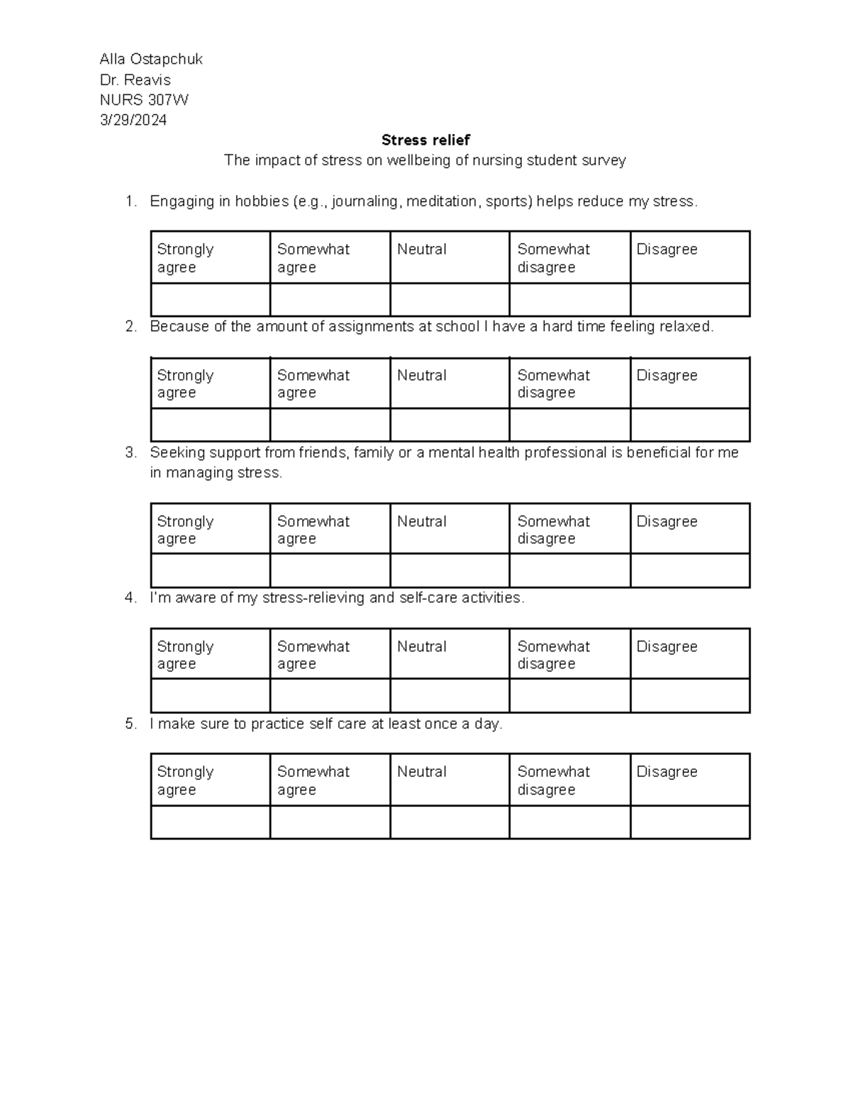 Exercise Survey - Homework - Alla Ostapchuk Dr. Reavis NURS 307W 3/29 ...