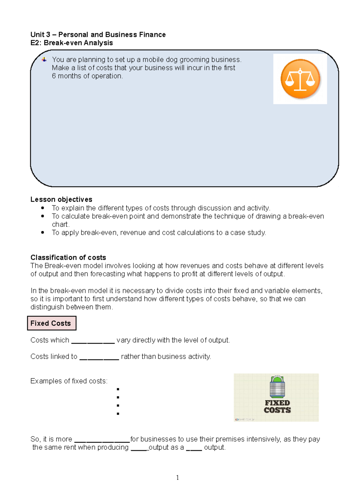 E2 Break Even Analysis - Student - Unit 3 – Personal and Business ...