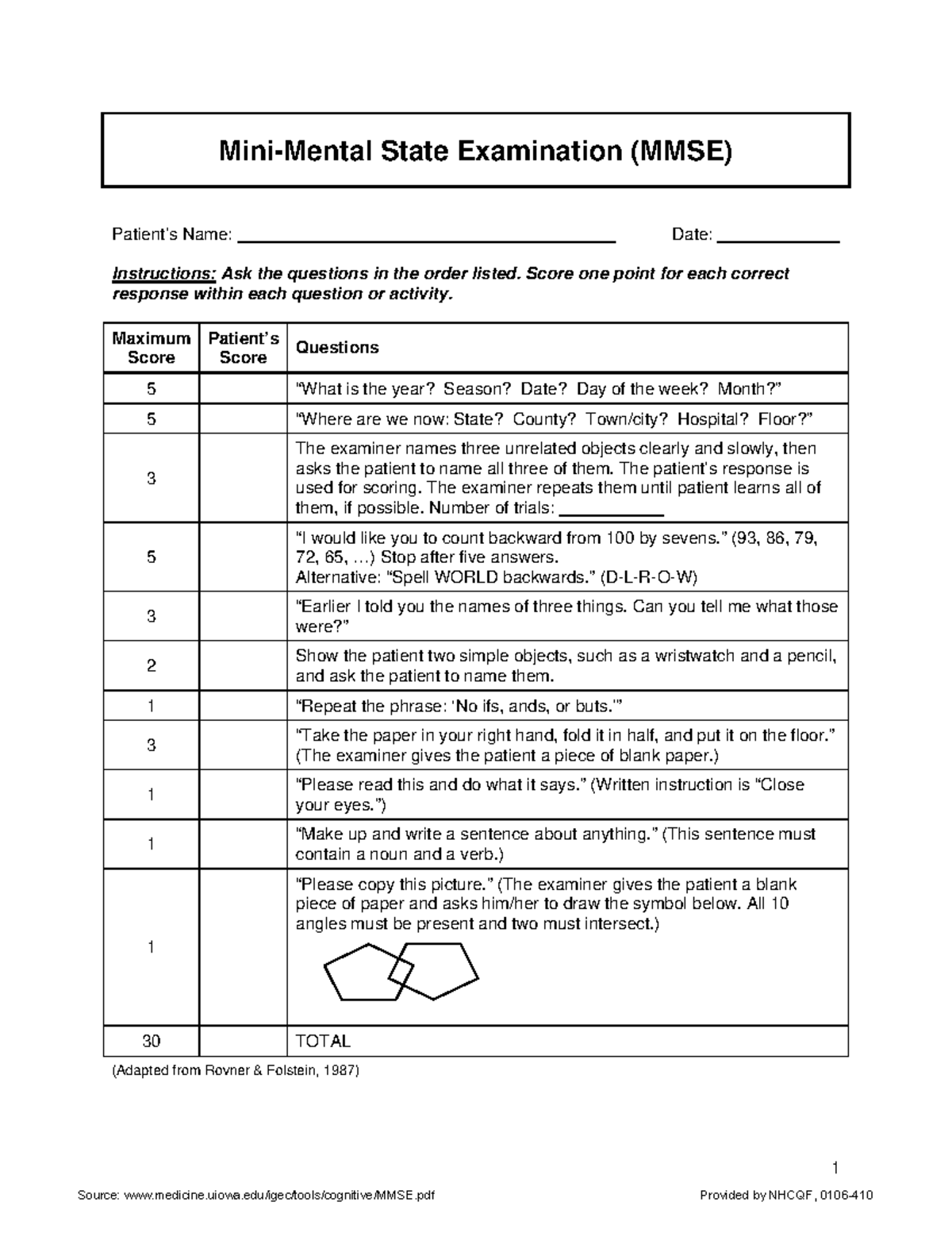 MMSE - n/a - 1 Mini-Mental State Examination (MMSE) Patient’s Name ...