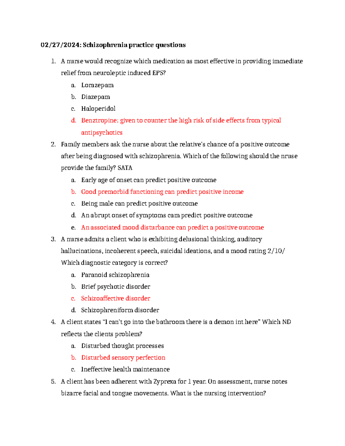 Schizophrenia Nclex questions - 02/27/2024: Schizophrenia practice ...