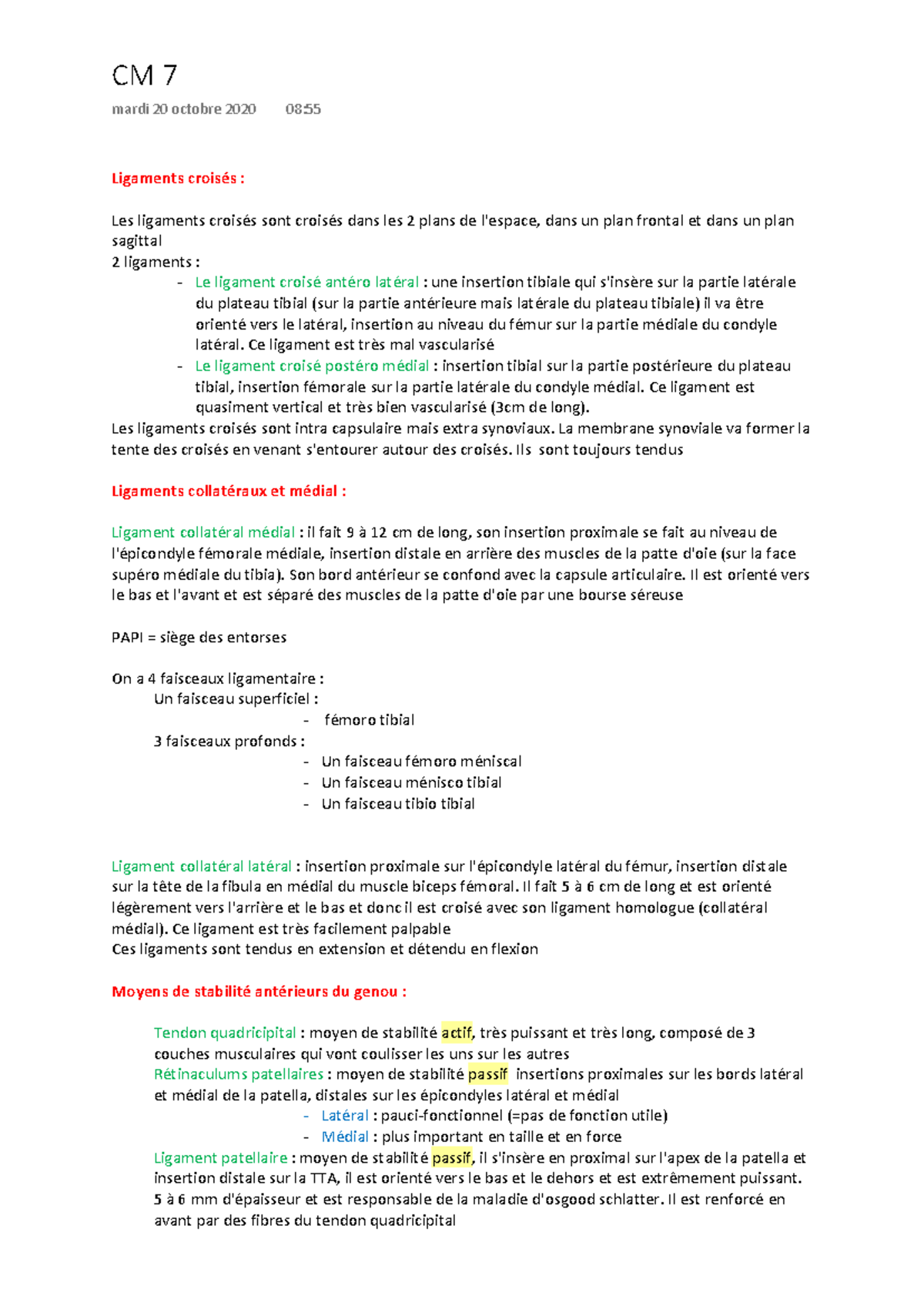 CM7 Anatomie - Notes de cours 7 - ŝŐĂŵĞŶƚƐ ĐƌŽŝƐĠƐ ͗ - Studocu