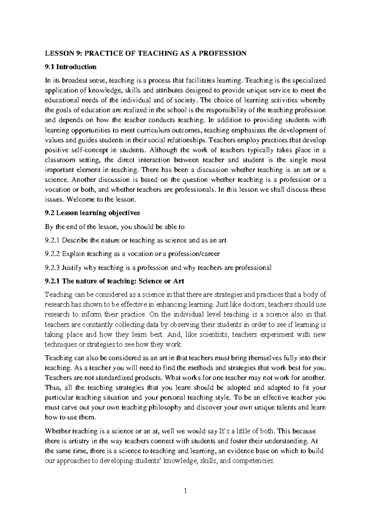 Lesson 9 Practice OF Teaching AS A Profession - LESSON 9: PRACTICE OF ...