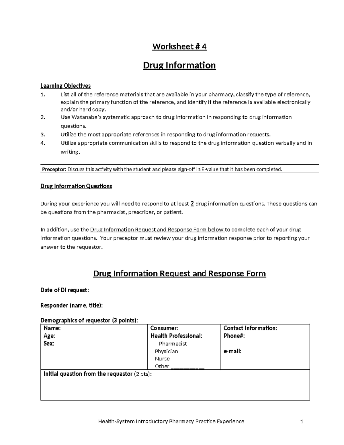 Phrd410 04.drug information final form revised 07 - Worksheet # 4 Drug ...