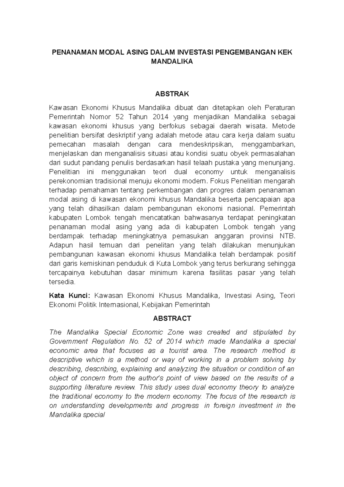 Penanaman Modal Asing Dalam Investasi Pengembangan Kek Mandalika ...