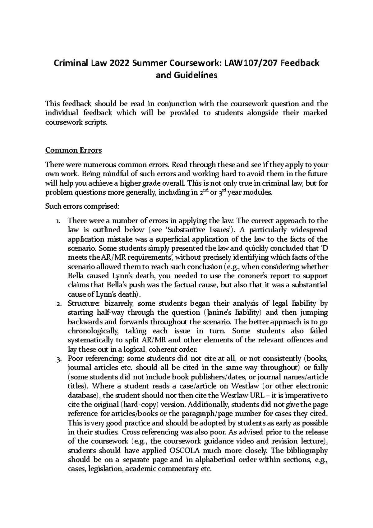 2022 Coursework Feedback - Criminal Law 2022 Summer Coursework: LAW107 ...