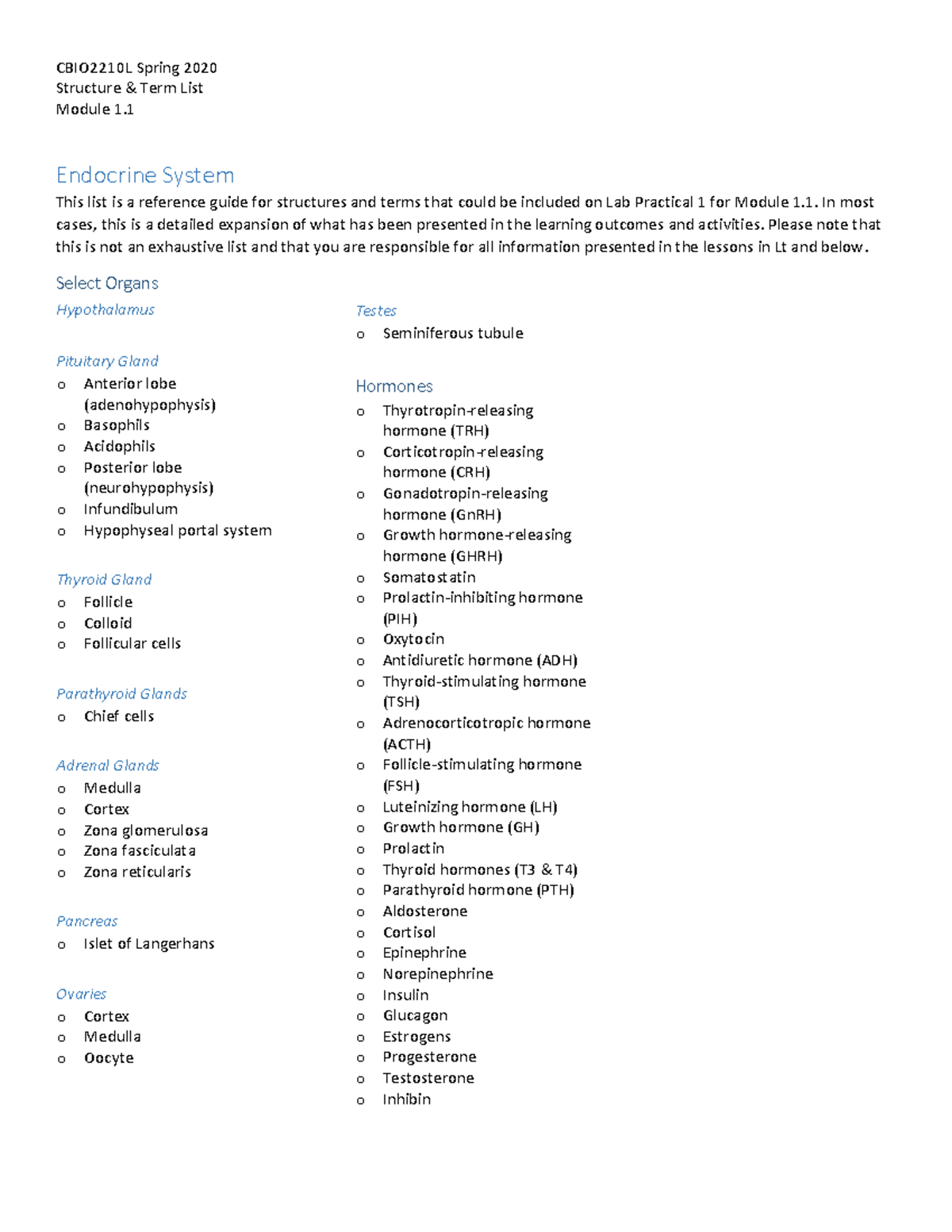 Sp20 Module 1.1 Structure List - Warning: TT: undefined function: 32 CBIO2210L Spring 2020 ...