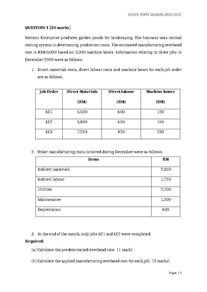 AA025 2122 Question - GOODLUCK - QUESTION 1 [20 marks] (a) Kerisi Sdn. Bhd. manufactures tents ...
