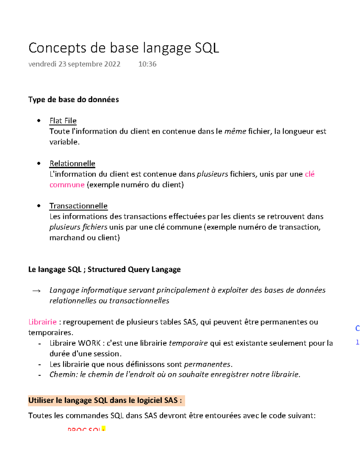 Concepts de base langage SQL - Type de base do données Flat File Toute l'information du client ...