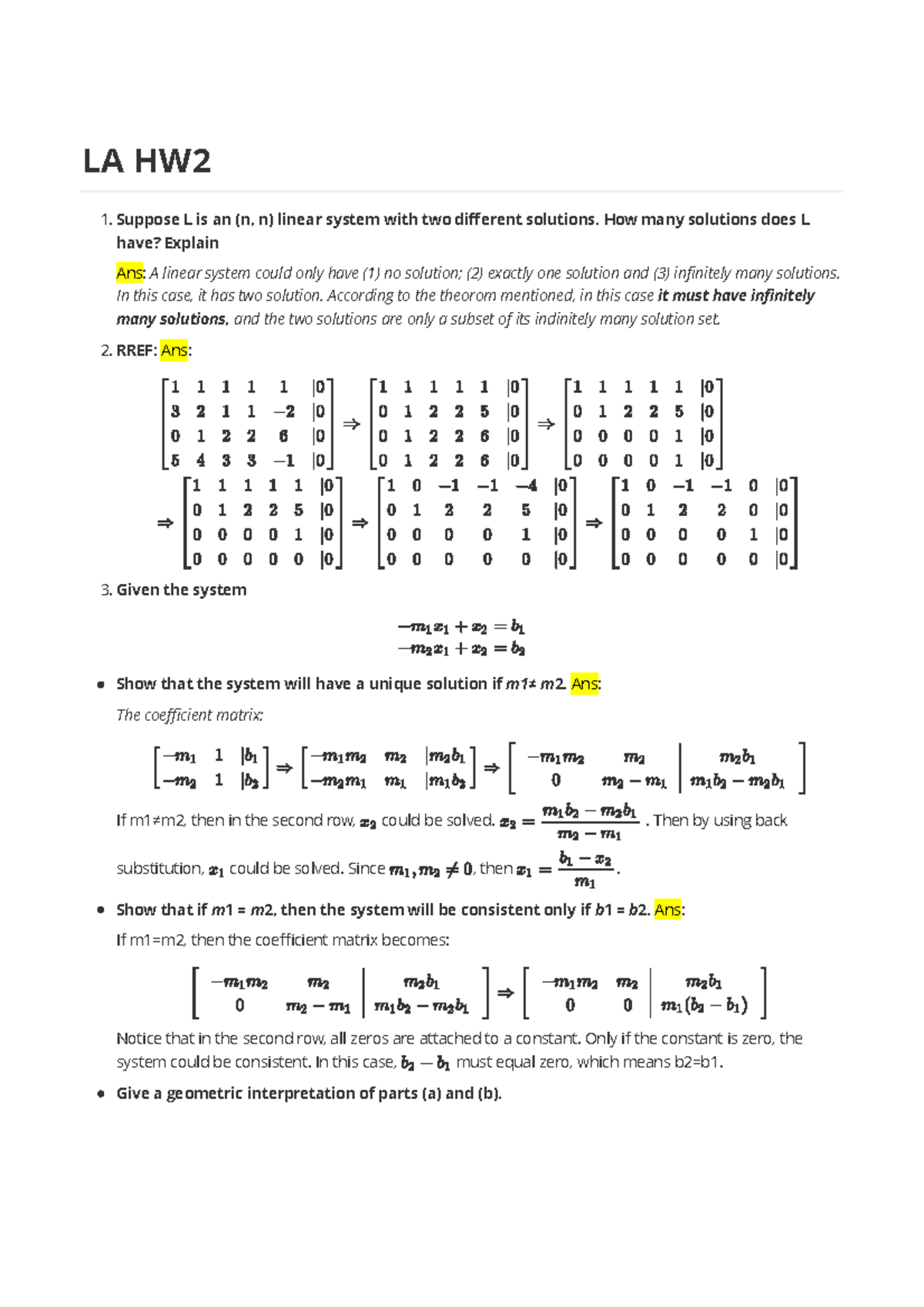 Linear Algebra HW 2 - LA HW Suppose L is an (n, n) linear system with two different solutions ...
