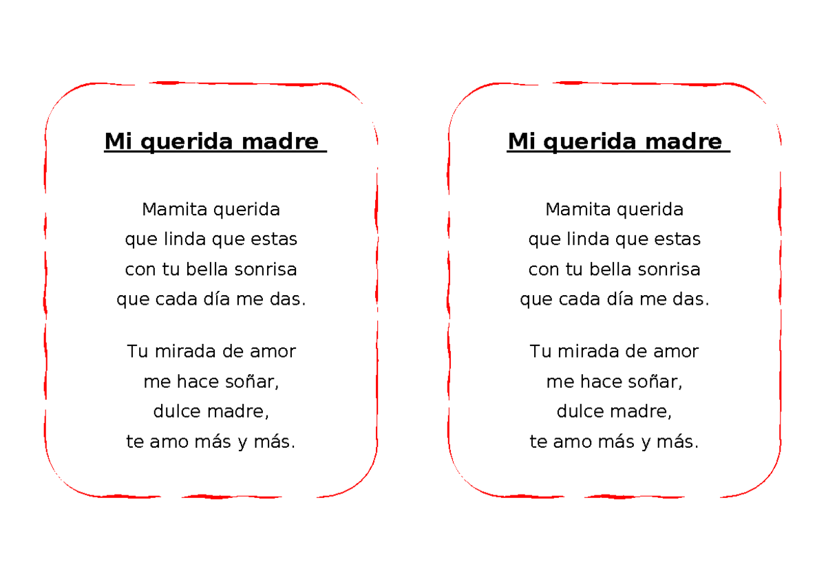 Poema mama - Lenguaje - Mi querida madre Mamita querida que linda que ...