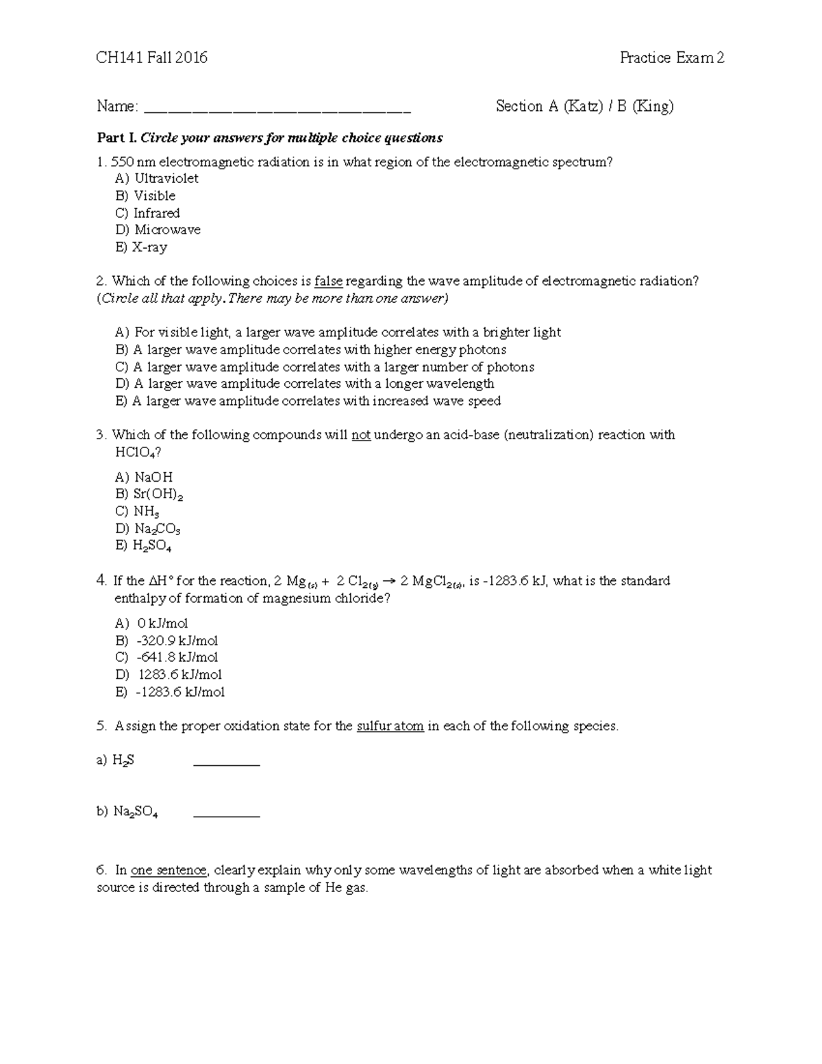 Practice-Exam-2 - chemistry mid - Name: _________________________________ Section A (Katz) / B ...