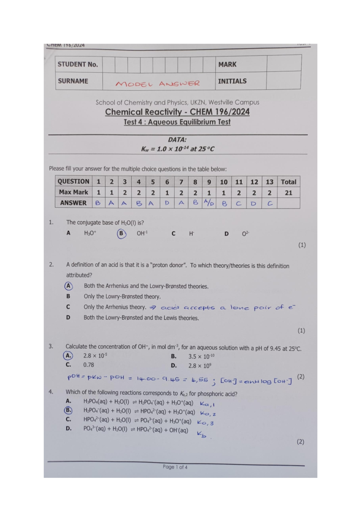 Test 4 Model answer - study - CALM STUDENT No. MARK SURNAME MODEL ...