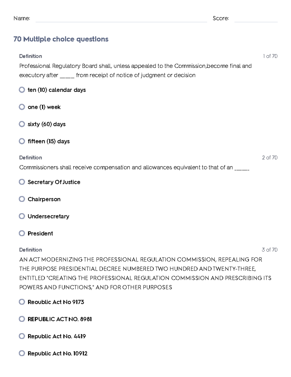 Republic ACT NO. 8981 - have express permission from - Name: Score: 70 ...
