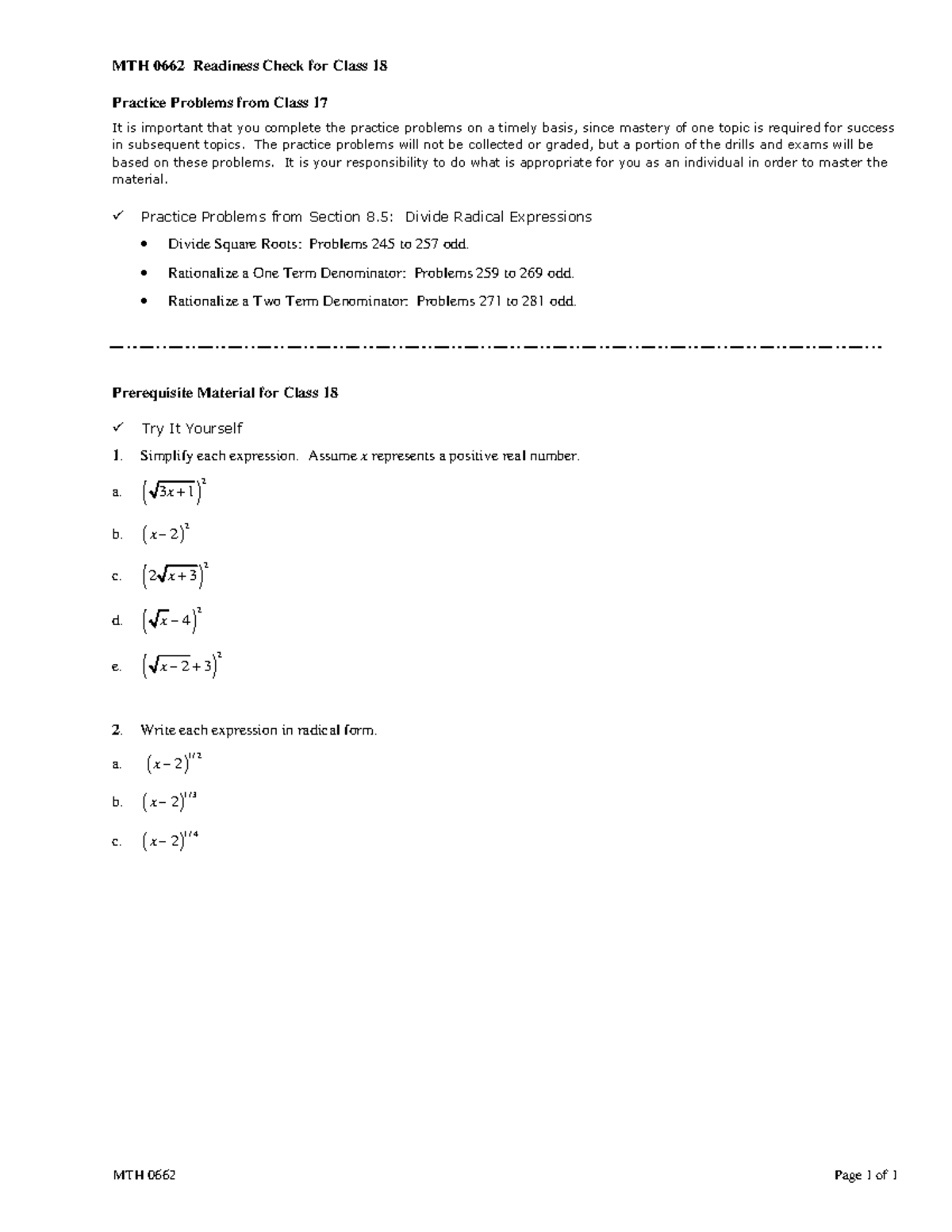 0662 Readiness Check for Class 18 - MTH 0662 Page 1 of 1 MTH 0662 ...