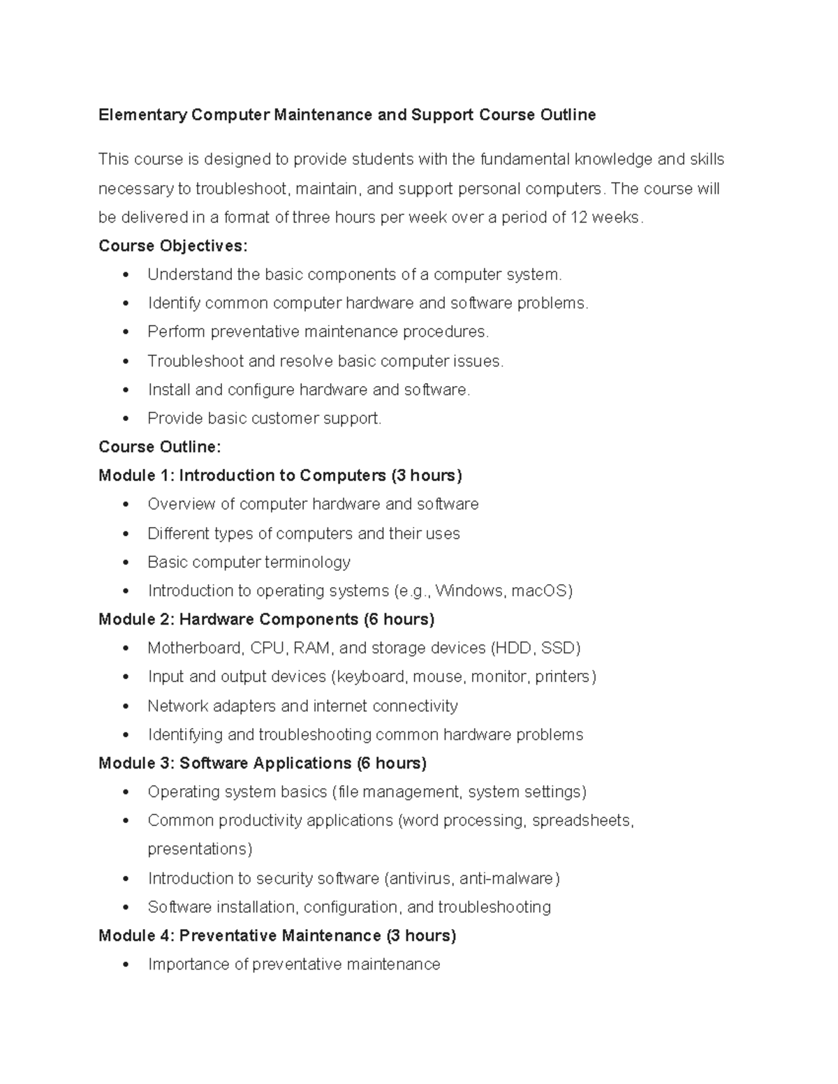 Elementary Computer Maintenance and Support Course Outline - The course ...