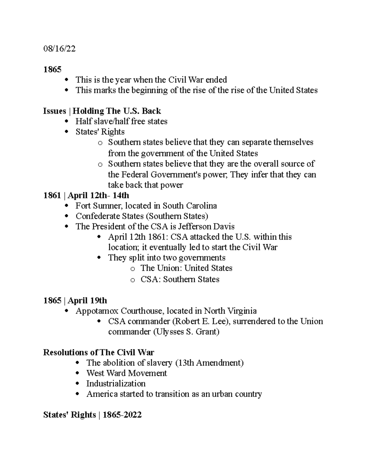HST 143 Reconstruction - 08/16/ 1865 This is the year when the Civil ...