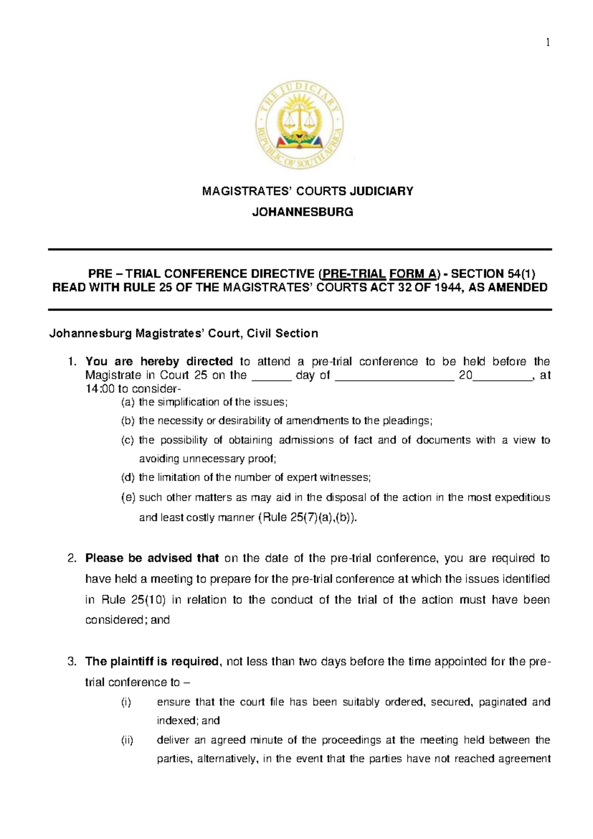 PRE- Trial Conference Directive (PRE- Trial FORM A) - 1 MAGISTRATES ...