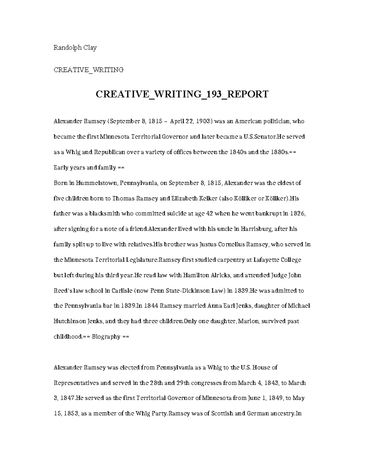Creative Writing 193 Report - Randolph Clay CREATIVE_WRITING CREATIVE ...