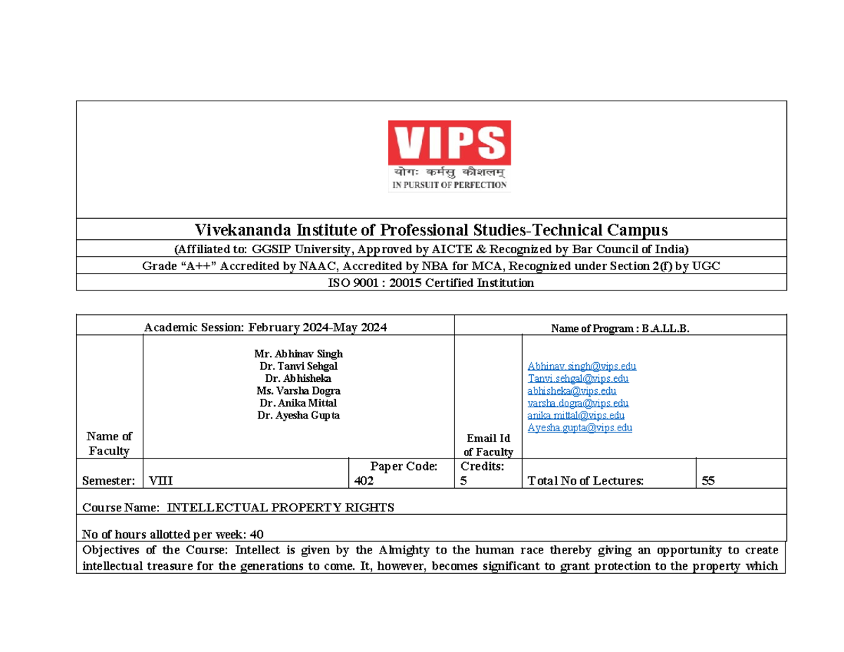402 Intellectual Property Rights BA LLB Jan 2024 - Vivekananda ...