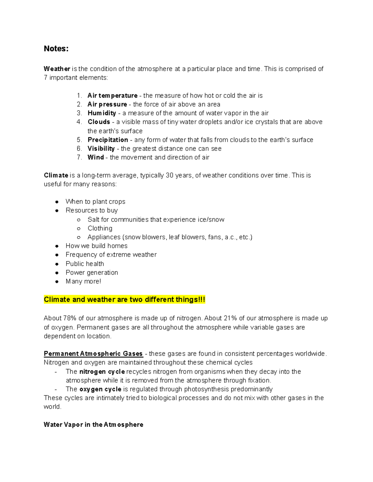 Unit 1 Lecture Notes - Notes: Weather is the condition of the ...